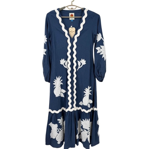 FARM Rio | Dresses | Farm Rio Blue Linen Flounce Embroidered Maxi Dress ...